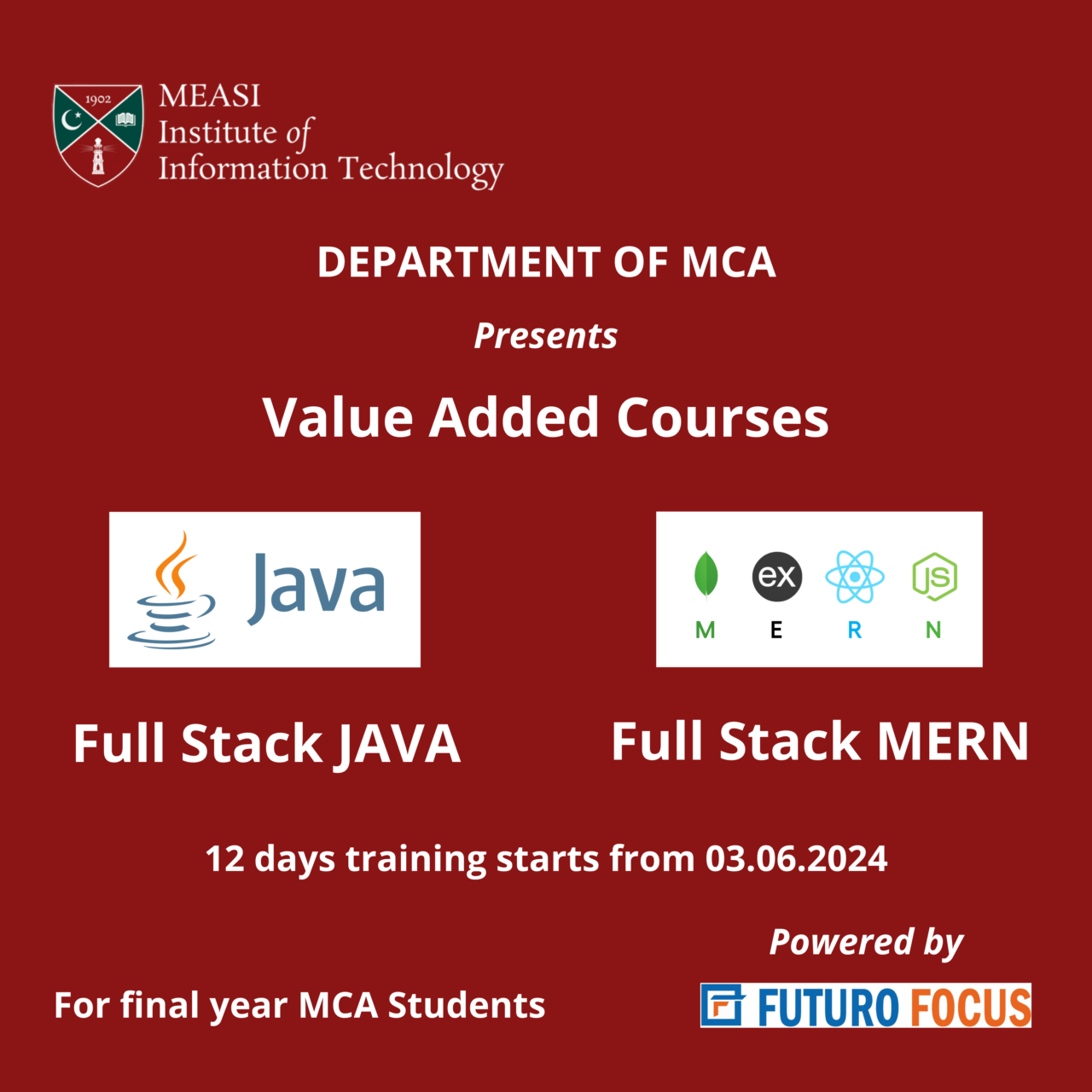 Value Added Course – Full Stack Java & MERN | MEASI INSTITUTE OF INFORMATION TECHNOLOGY