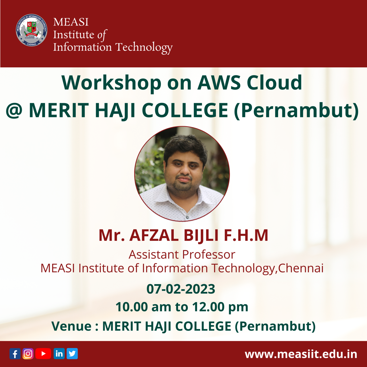 Workshop on AWS Cloud @ MERIT Haji College (Pernambut) | MEASI INSTITUTE OF INFORMATION TECHNOLOGY