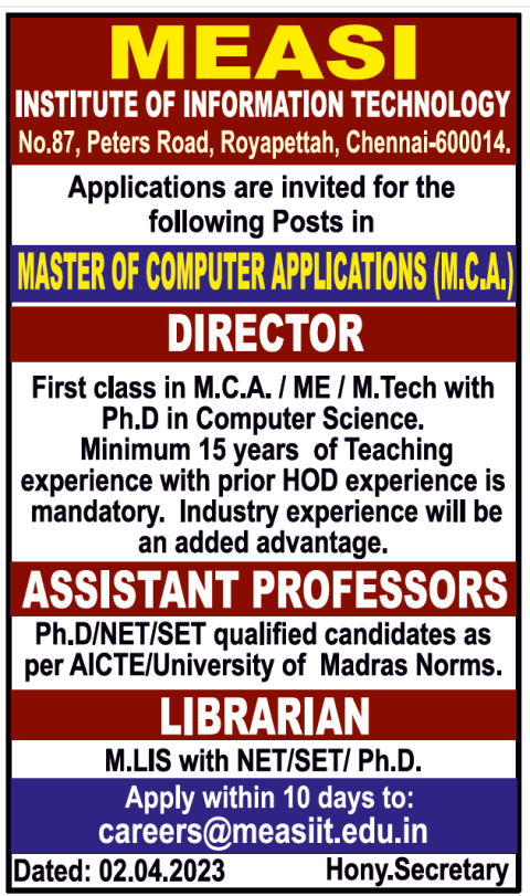 Faculty Recruitment 2023 | MEASI INSTITUTE OF INFORMATION TECHNOLOGY